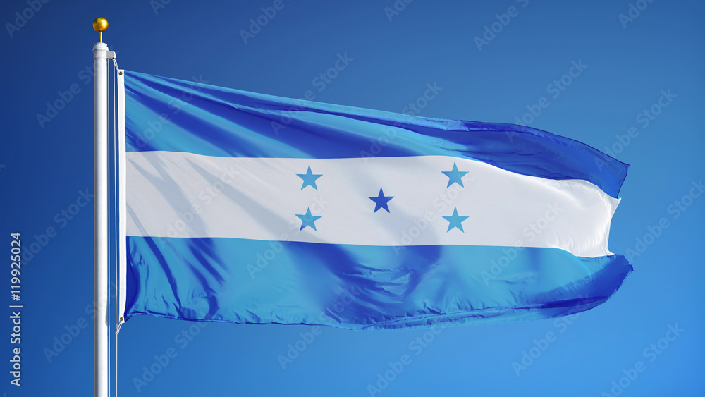 Honduras flag waving against clean blue sky, close up, isolated with ...