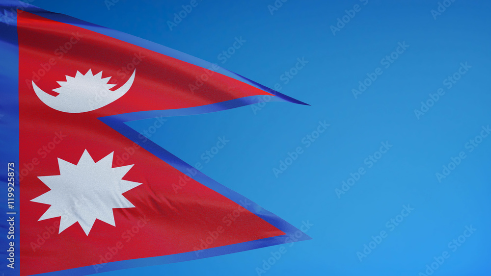 Nepal flag waving against clean blue sky, close up, isolated with ...