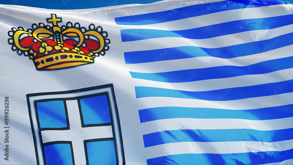 Principality of Seborga flag waving against clean blue sky, close up ...