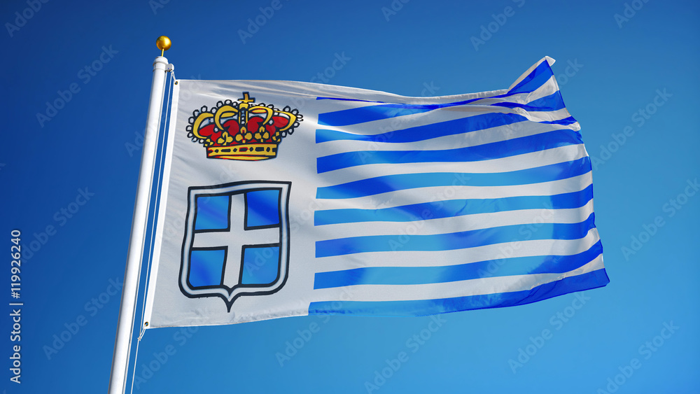 Principality of Seborga flag waving against clean blue sky, close up ...