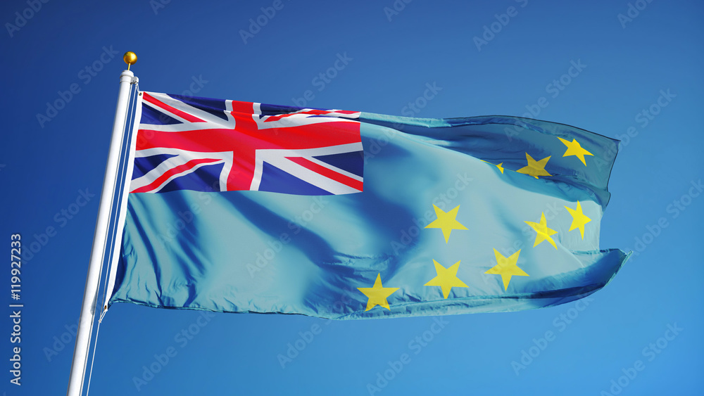 Tuvalu flag waving against clean blue sky, close up, isolated with ...