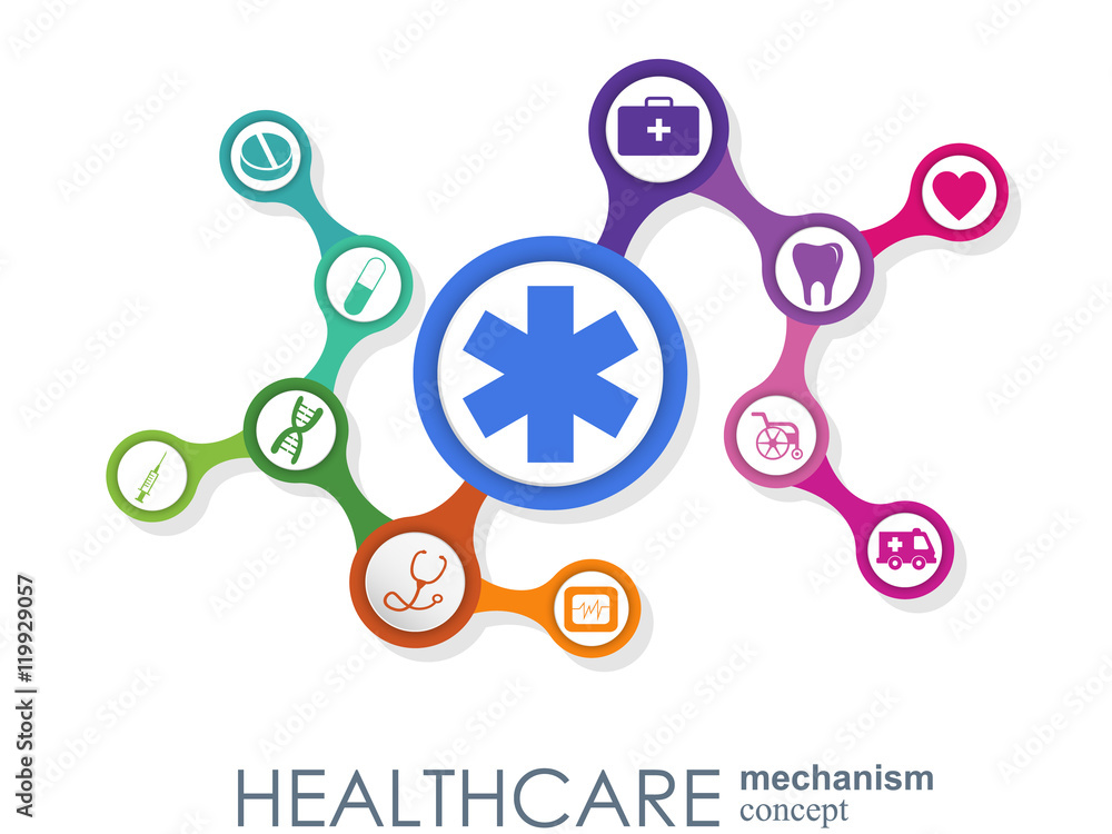 Healthcare mechanism concept. Abstract background with connected gears ...
