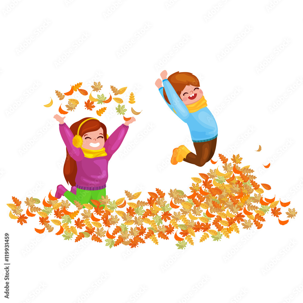 Kids playing with autumn leaves. hello autumn illustration. Stock ...