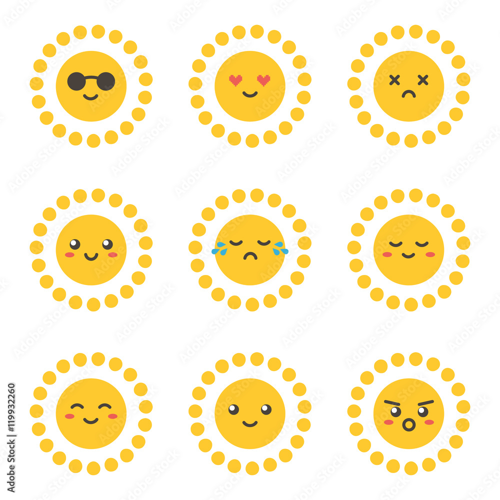Flat design cartoon cute sun character with different facial ...