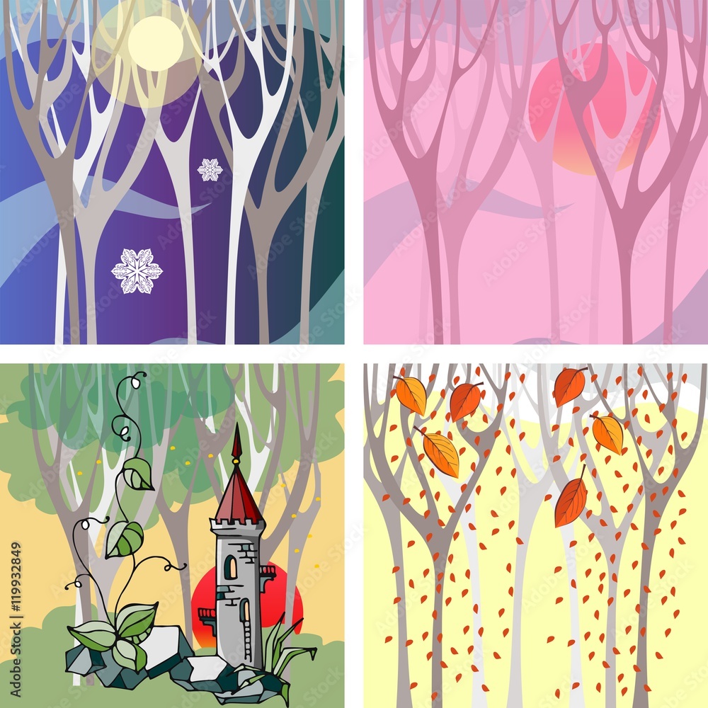 Seasons. Set of cards with landscapes for winter, spring, summer ...
