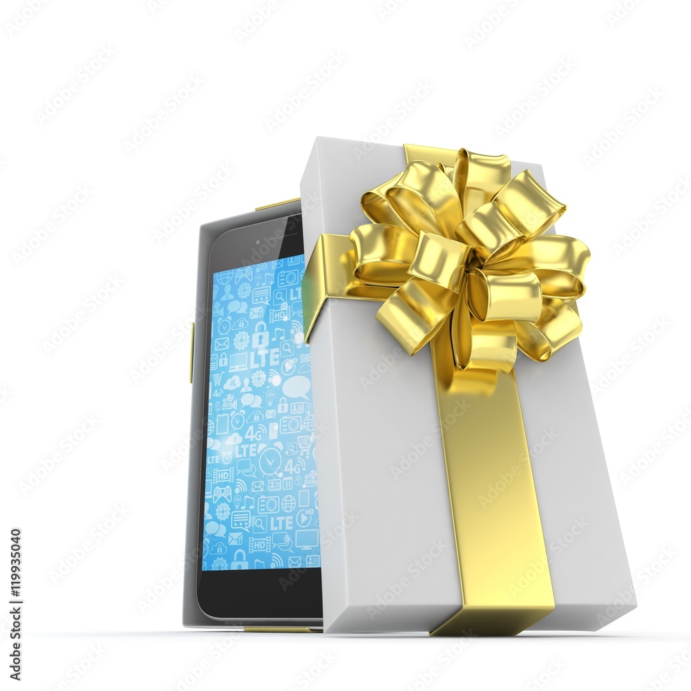 Smartphone in gift box. Isolated on white background. 3d rendering ...