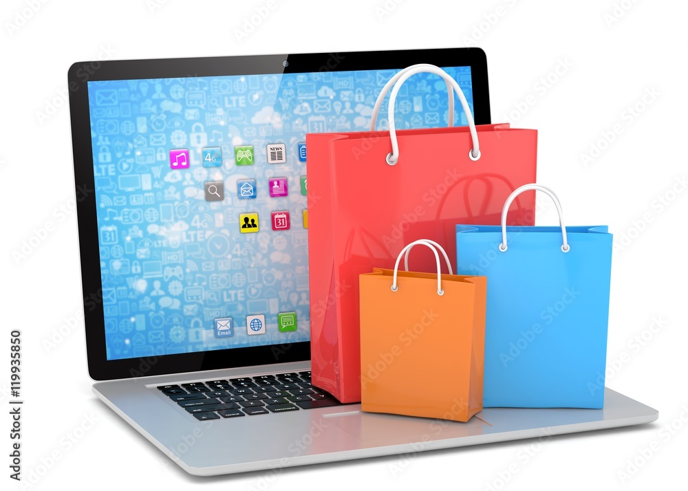 laptop and shopping pags on white background. 3d rendering. Stock ...