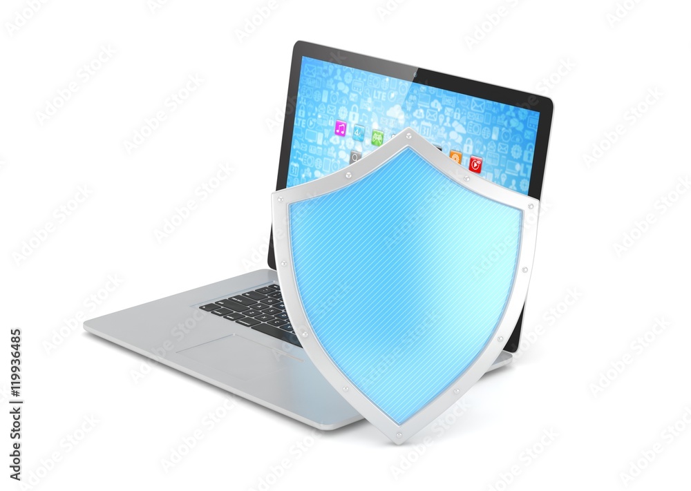 Laptop and shield on white, computer security concept. 3d rendering ...