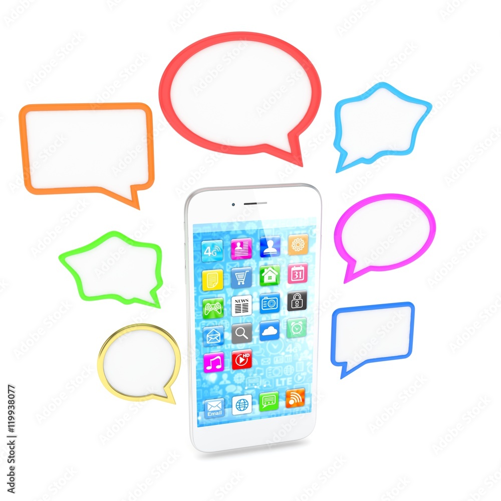 smartphone with bubbles isolated on white background. 3d rendering ...