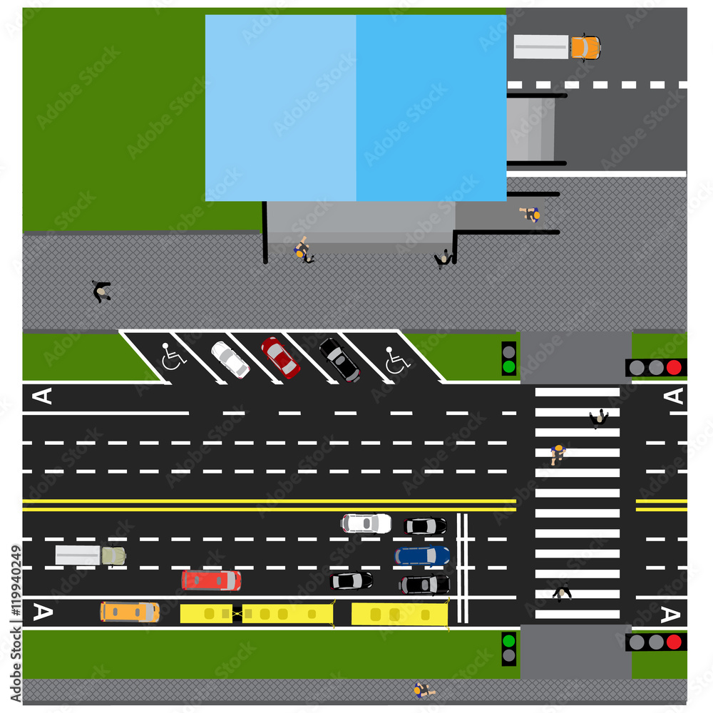 Plot road, highway, street, with the store. With different cars ...