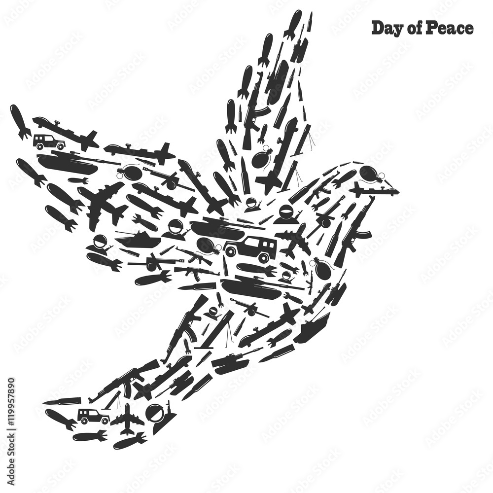 Peace Symbol filled with weapons. Contour dove vector image ...