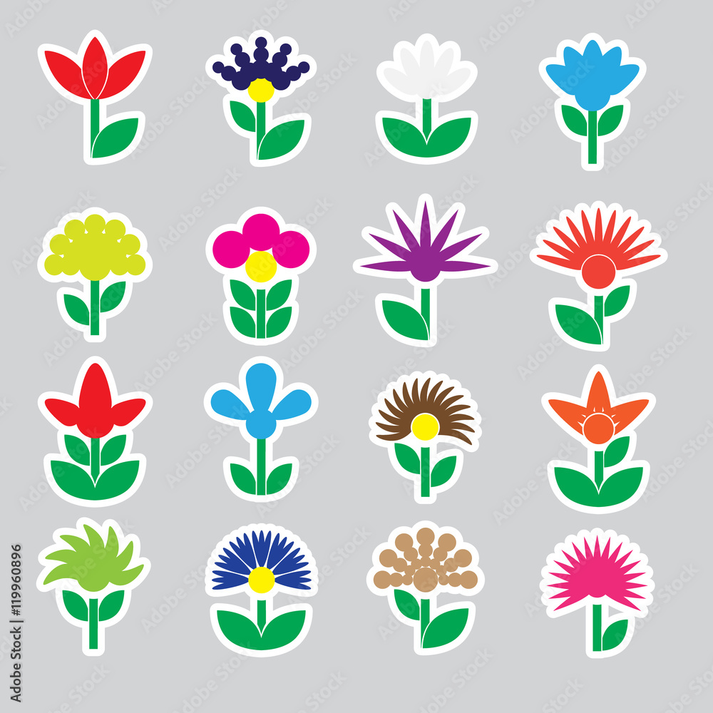 colorful simple retro small flowers set of stickers icons eps10 Stock ...