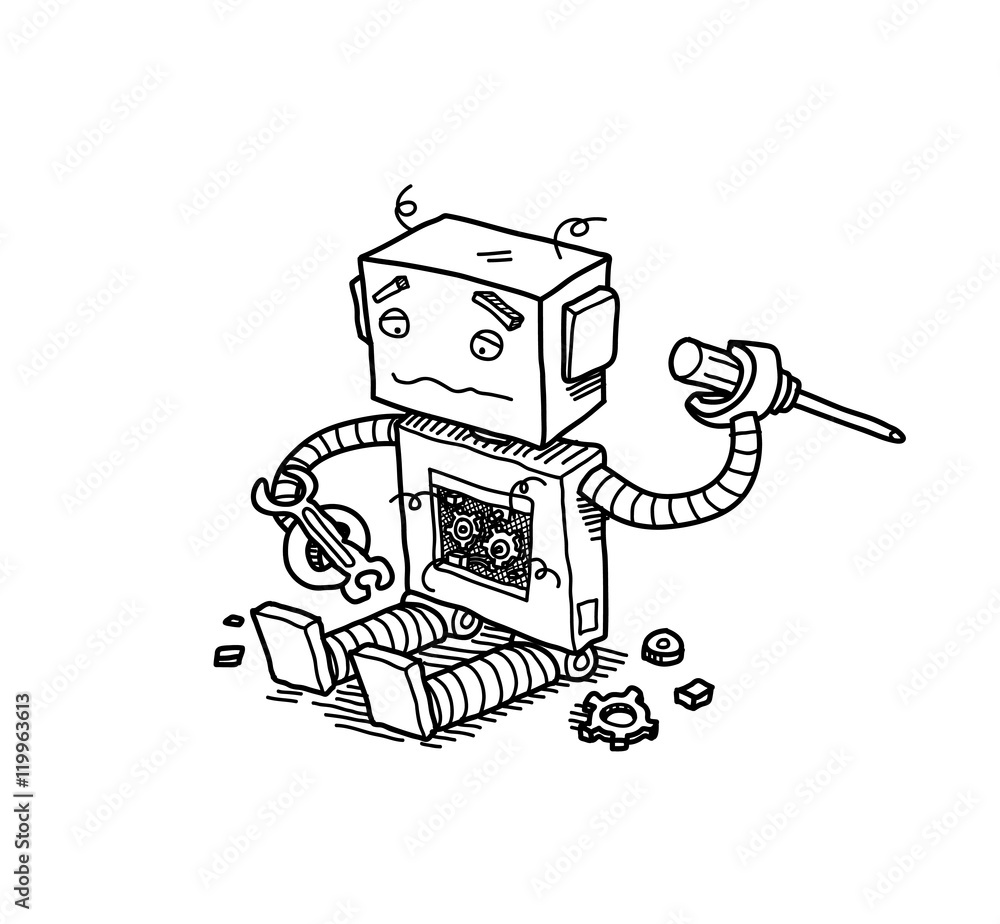 Broken Robot. A hand drawn vector doodle cartoon illustration of a ...