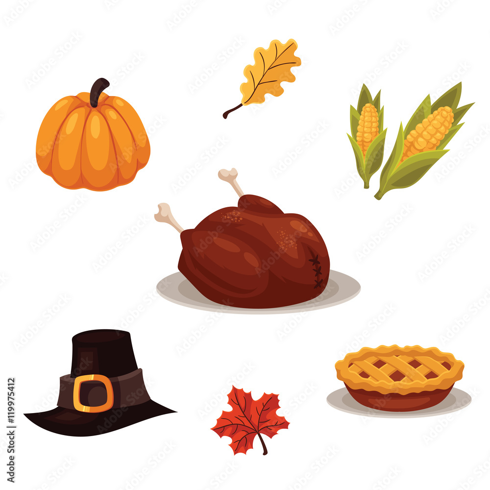 Set of traditional thanksgiving symbols - turkey, pumpkin, pilgrim hat ...