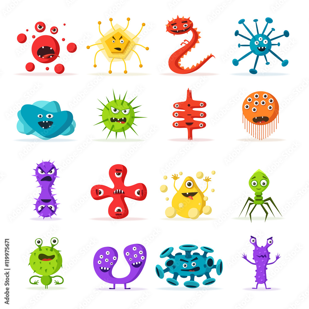 Set of bacteria characters. Cartoon vector illustration. Microbiology ...