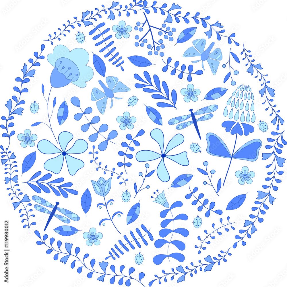 Vector illustration of circle made of flowers and butterflies. Round ...