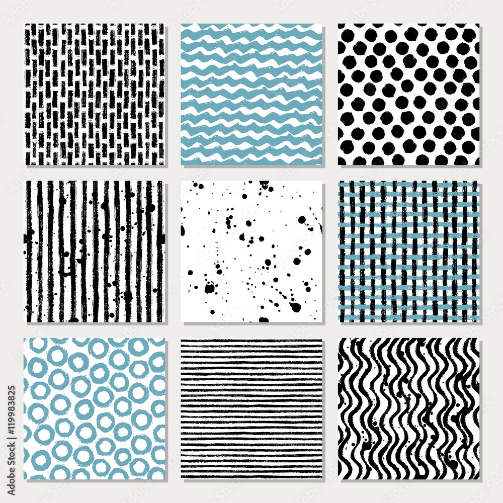 Set of nine simple seamless hand drawn texture designs for backgrounds ...