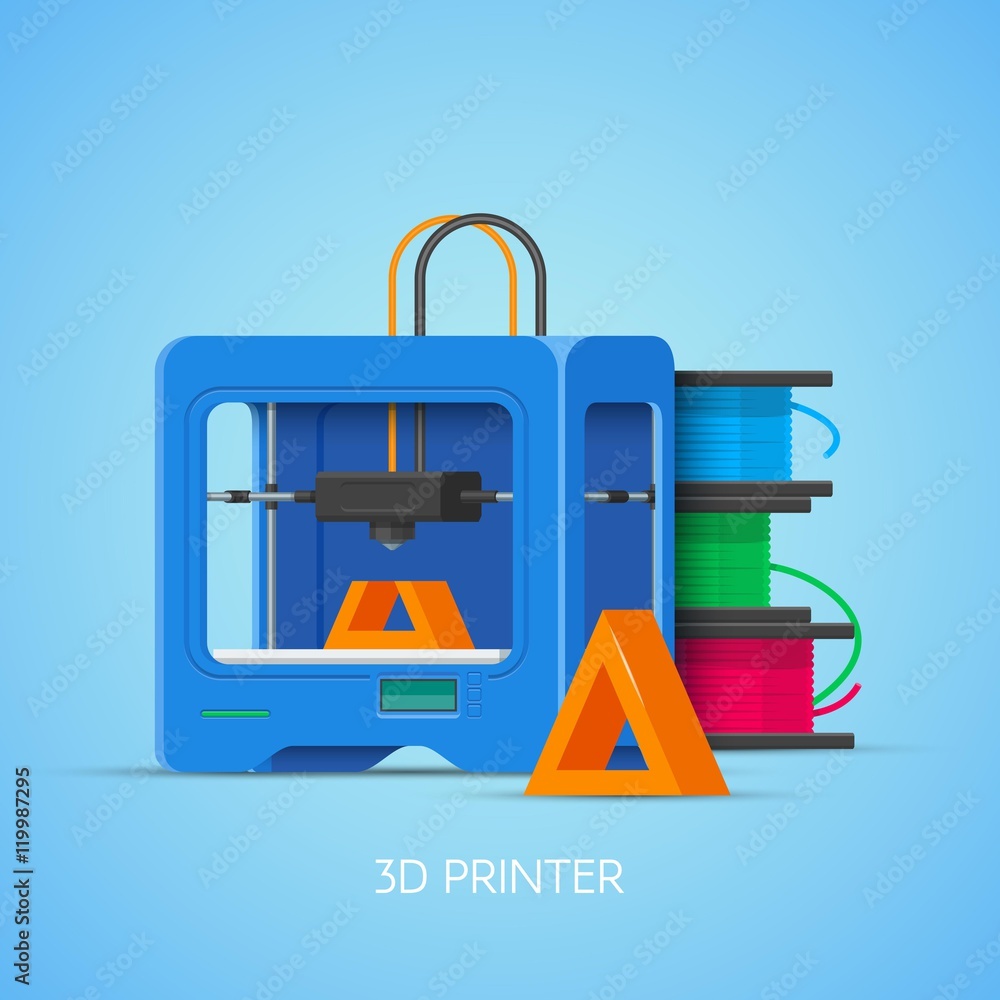 Vector concept poster in flat style. 3D printing design elements and ...