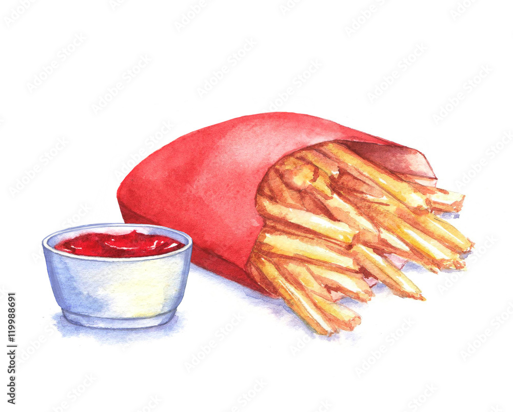 Watercolor illustration of hand-drawn French fries with ketchup ...