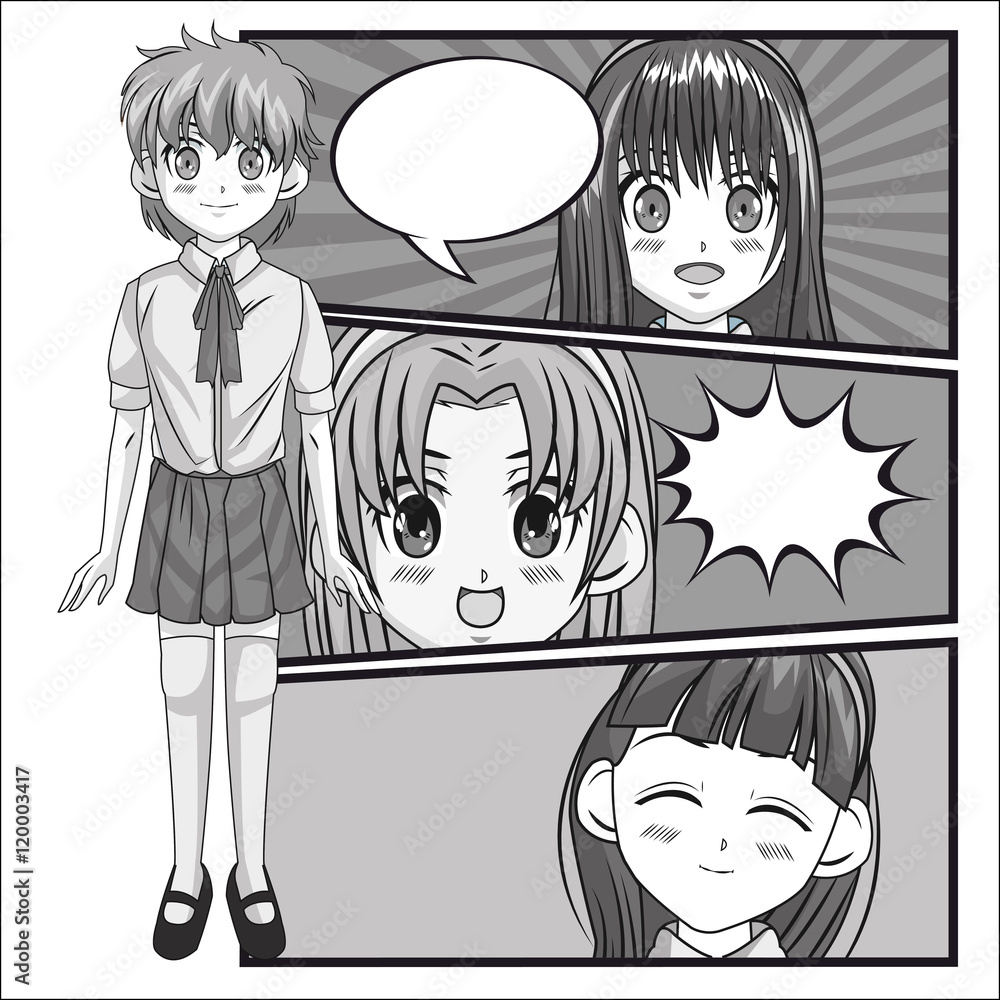 Cartoon and student girl kid. Anime and manga theme. Comic with bubbles ...