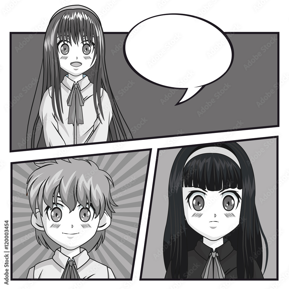 Cartoon and student girl kid. Anime and manga theme. Comic with bubbles ...