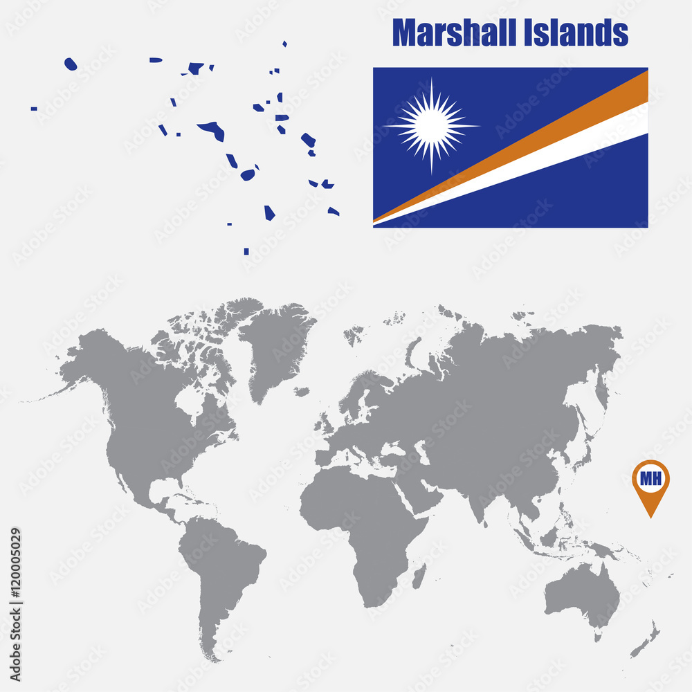Marshall Islands map on a world map with flag and map pointer. Vector ...