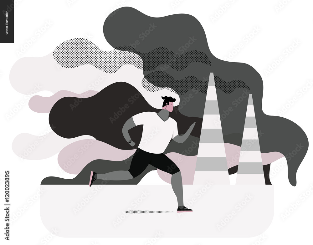 Young man running in smog, gas-polluted air. Flat vector cartoon ...