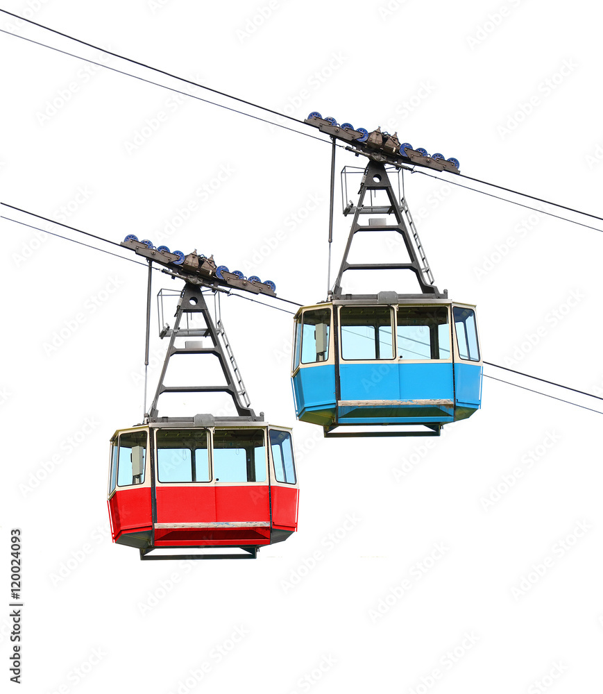 Red and blue cable car isolated on white background. Retro technology ...