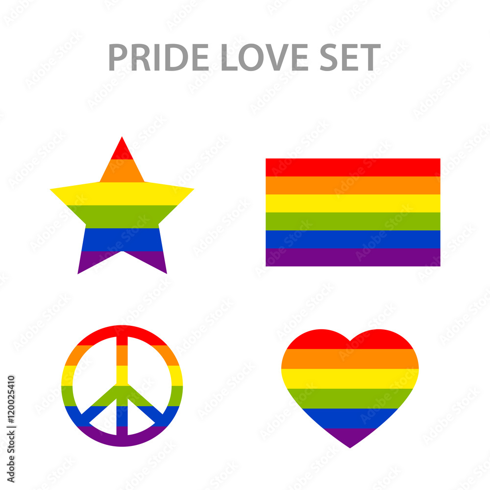 LGBT symbols set in rainbow colors: pride, freedom flags, heart, peace ...