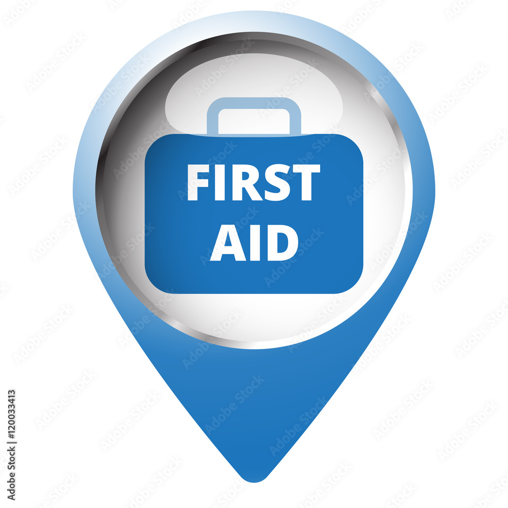 Map pin symbol with First Aid Kit icon. Blue symbol on white bac Stock ...