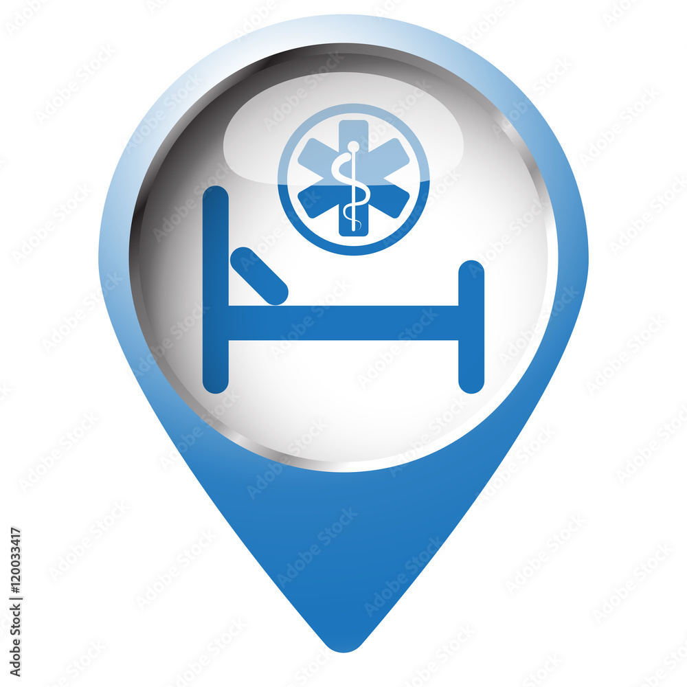 Map pin symbol with Hospital Bed icon. Blue symbol on white back Stock ...