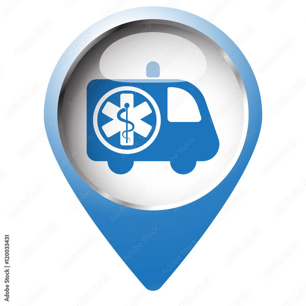 Map pin symbol with Ambulance icon. Blue symbol on white backgro Stock ...