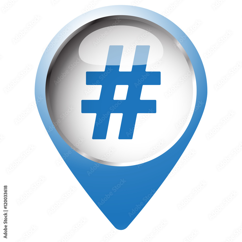 Map pin symbol with Hashtag icon. Blue symbol on white backgroun Stock ...
