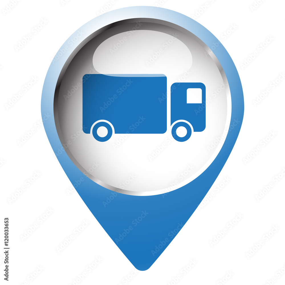 Map pin symbol with Delivery Truck icon. Blue symbol on white ba Stock ...