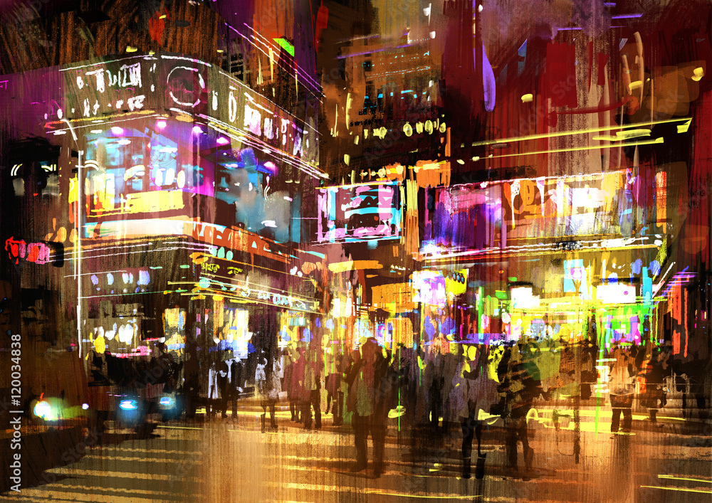 colorful painting of night street,illustration,cityscape Stock ...