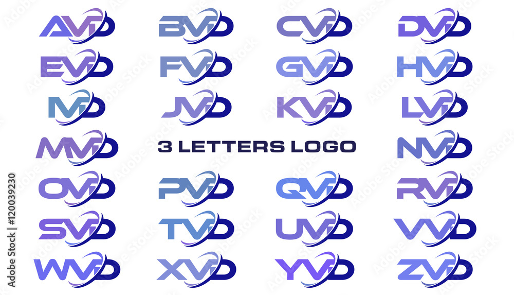 3 letters modern generic swoosh logo AVD, BVD, CVD, DVD, EVD, FVD, GVD ...
