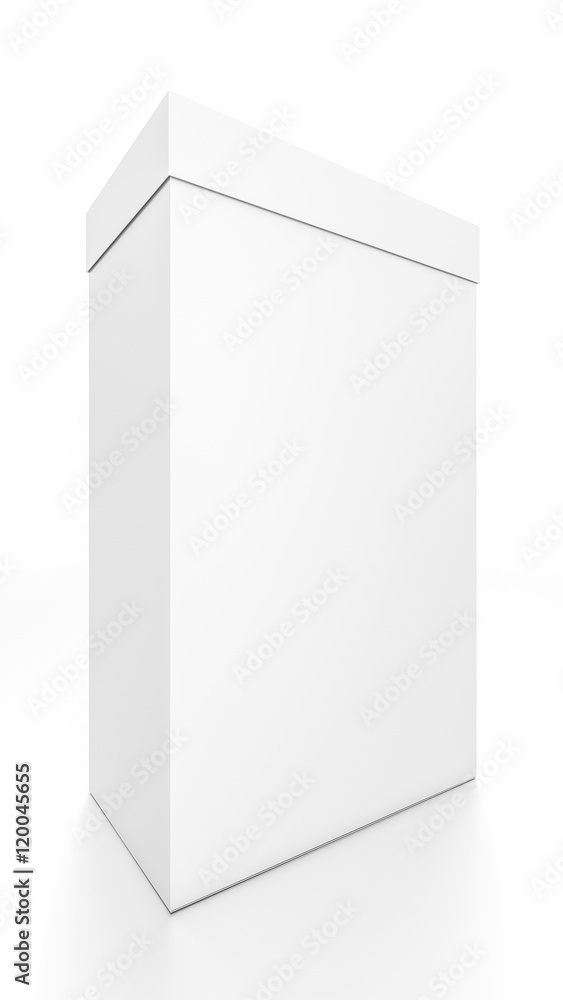 White tall vertical rectangle blank box with cover from front side ...