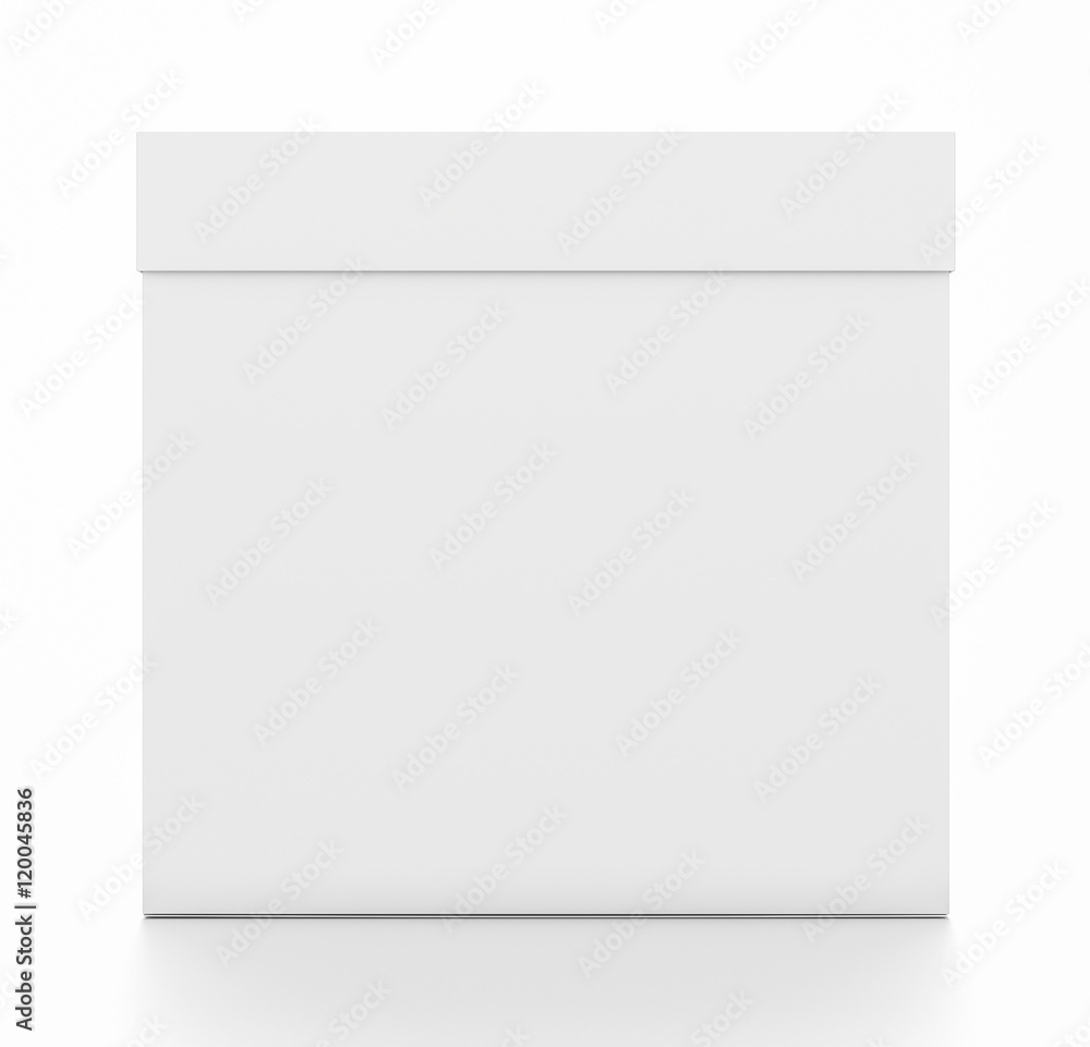 White rectangle blank box with cover from front angle. Stock ...