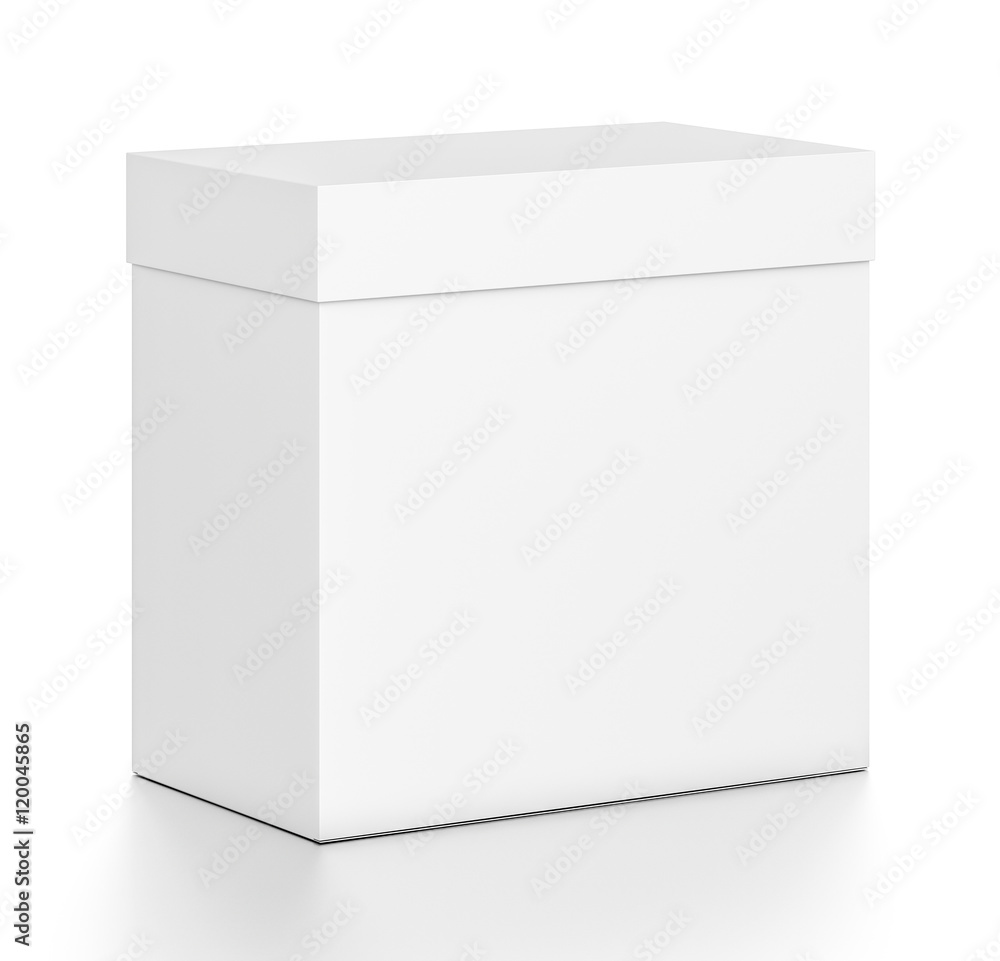 White rectangle blank box with cover from top front side angle. Stock ...