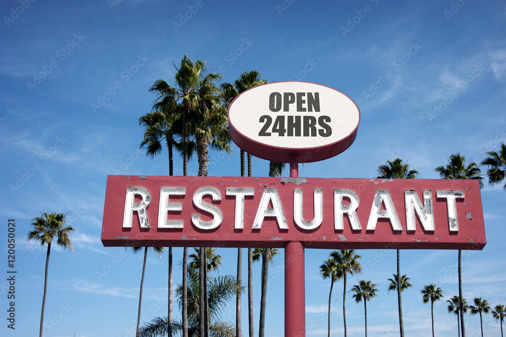 aged and worn vintage photo of old neon restaurant sign with palm trees ...