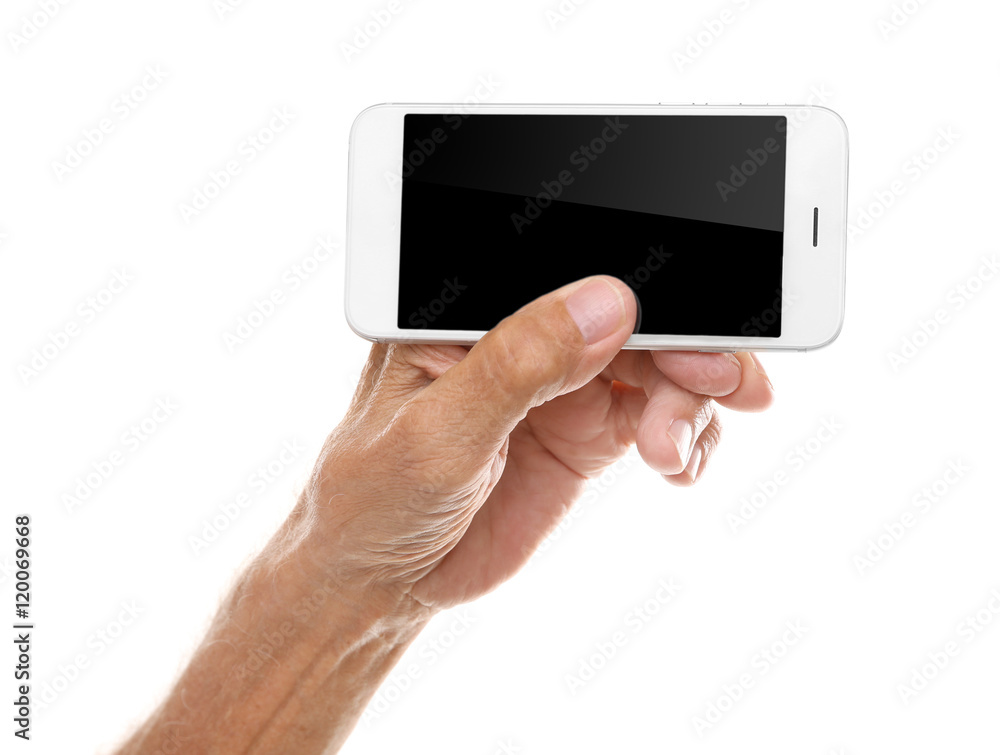 Old man holding smartphone on a white background Stock Photo | Adobe Stock