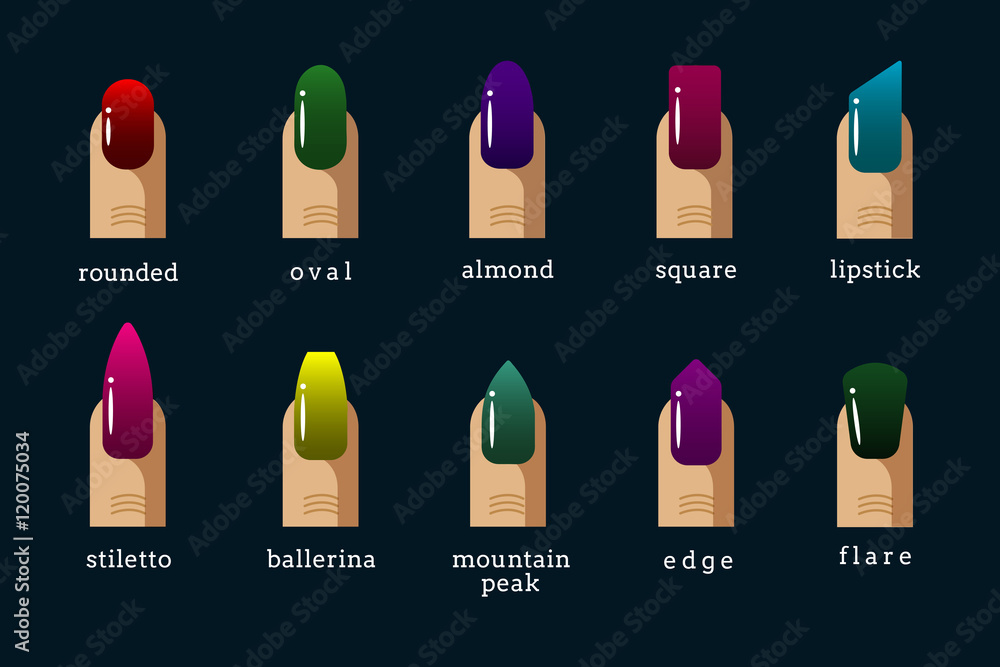 Different nail shapes and polish colors vector icons Stock Vector ...
