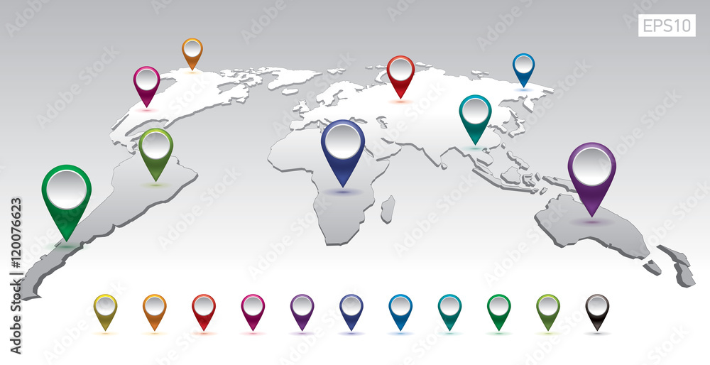 Multicolored glossy map point symbols set on the world map, arrows web ...