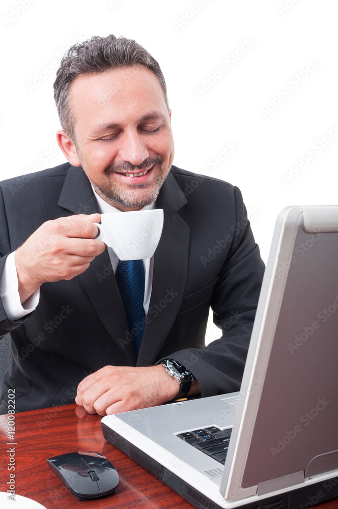 Happy and relaxed manager drinking espresso Stock Photo | Adobe Stock