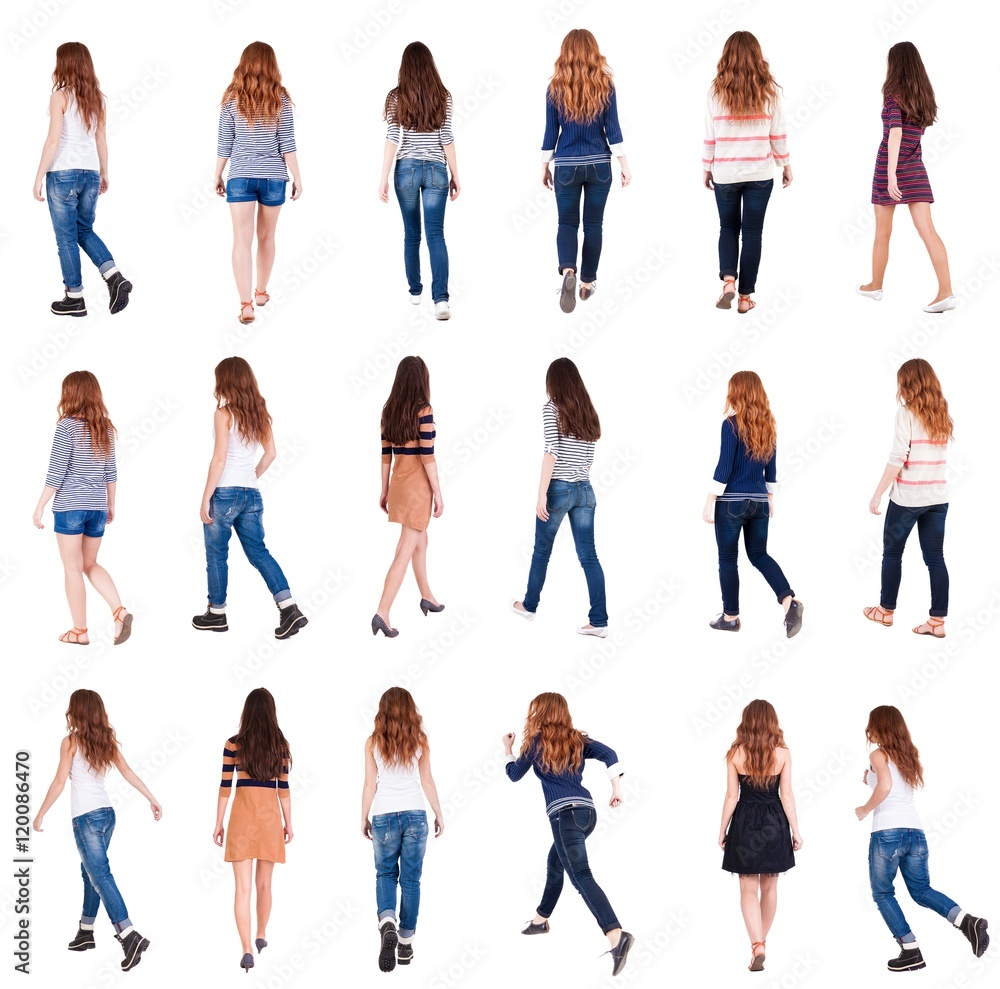 collection " back view of walking woman". going people in motion set ...