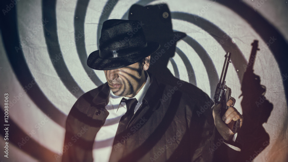 Retro Detective Spy With Gun Swirl. Man in white shirt, black tie and ...