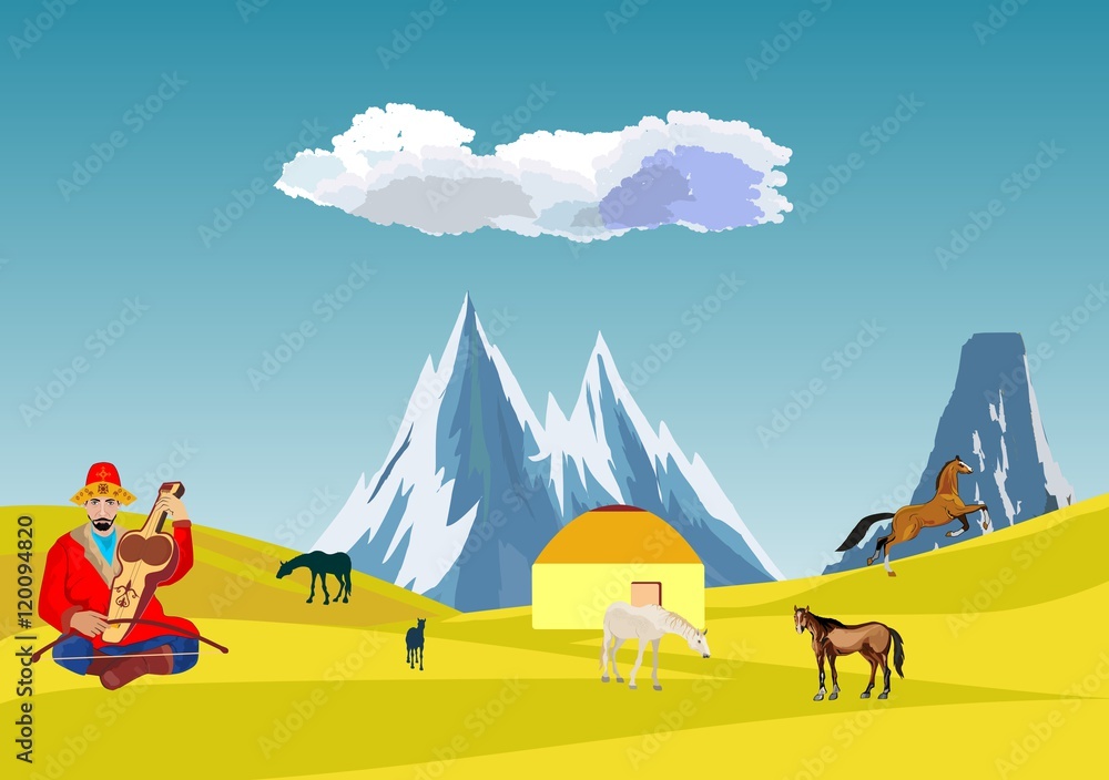 Kazakh traditional folk musician with kobiz musiacal instrument, on ...