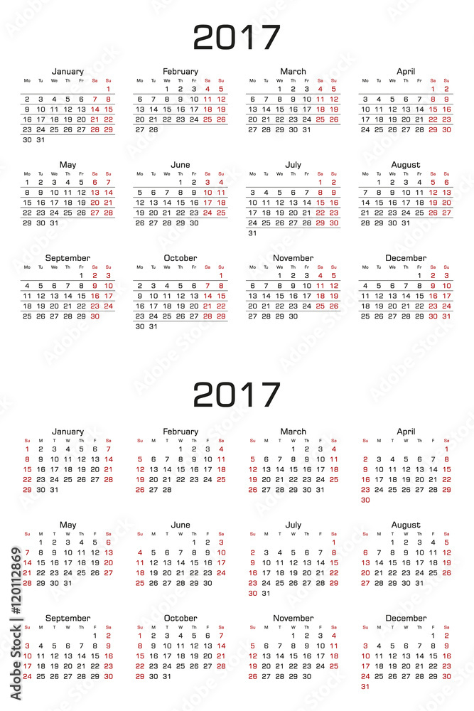 Simple Calendar 2017. Two versions, week starts from Sunday. Stock ...
