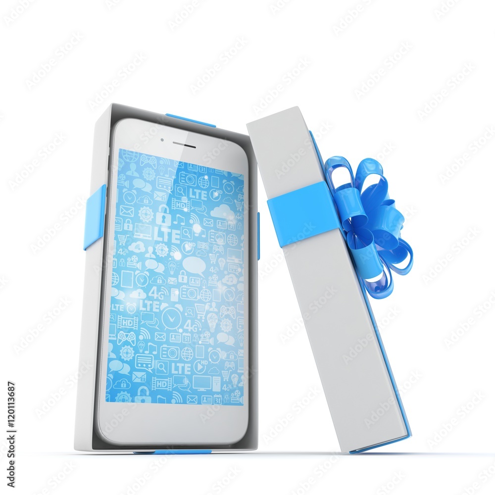 Smartphone in gift box. Isolated on white background. 3d rendering ...