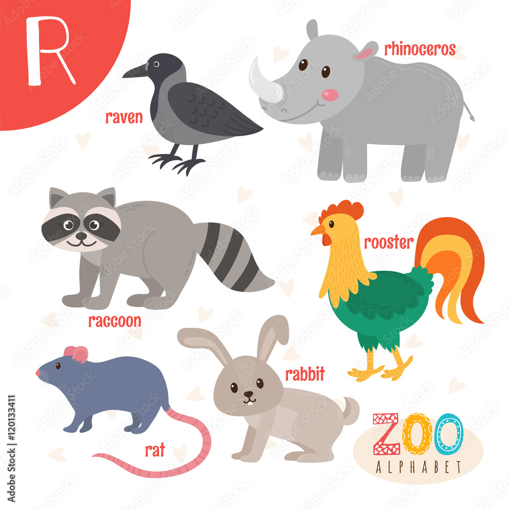 Letter R. Cute animals. Funny cartoon animals in vector. ABC boo Stock ...